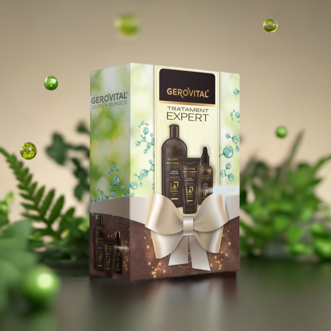 Caseta Cadou Gerovital Tratament Expert Argan: Șampon, Mască și Ulei Păr