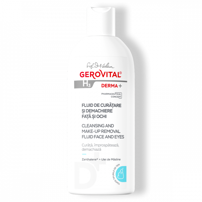 Fluid de curățare și demachiere față și ochi - Gerovital H3 Derma+ - Farmec Fluid de curățare și demachiere față și ochi - Gerovital H3 Derma+ - Farmec